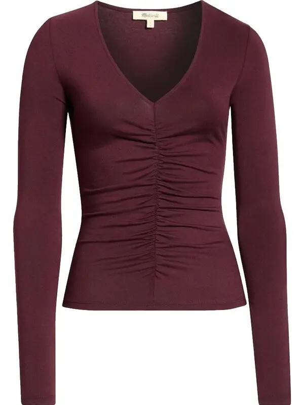 Madewell Shirred V-neck Long Sleeve Top - Dark Pomegranate