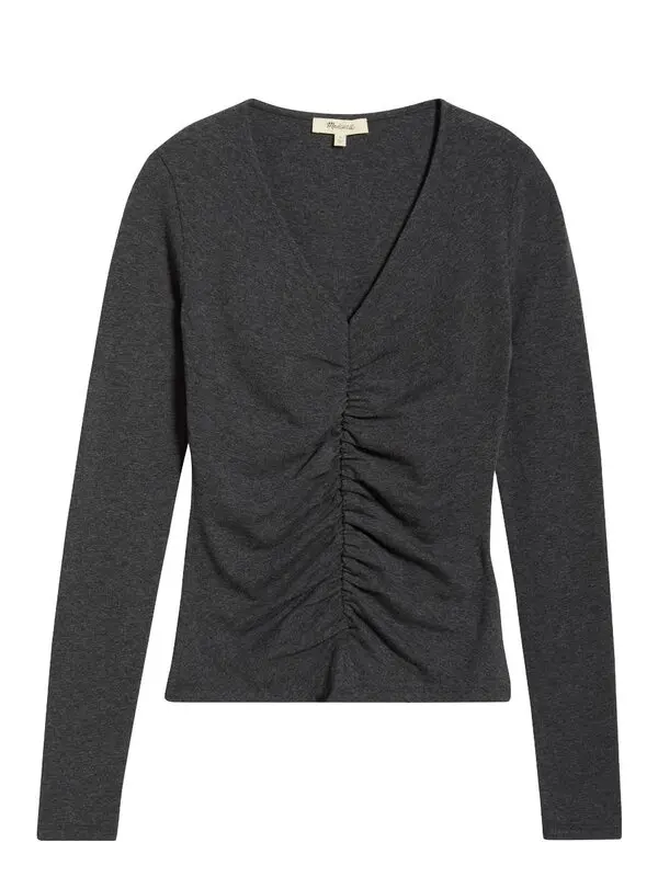 Madewell Shirred V-neck Long Sleeve Top - Heather Charcoal