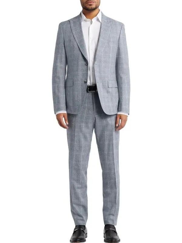 BOSS Huge Slim Fit Grey Glen Check Wool Suit - Open Blue