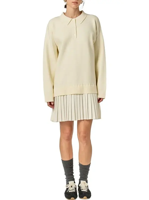 English Factory Long Sleeve Mixed Media Polo Mini Dress - Cream