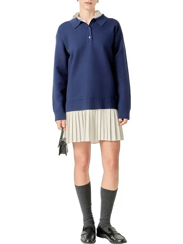 English Factory Long Sleeve Mixed Media Polo Mini Dress - Navy/white