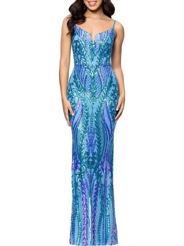 BLONDIE NITES Sequin Sleeveless Mermaid Gown - Aqua Multi