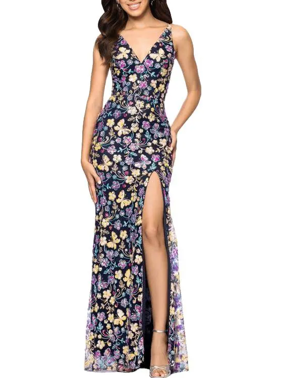 BLONDIE NITES Butterfly Sequin Sleeveless Gown - Navy/multi