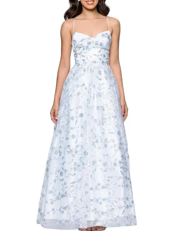 BLONDIE NITES Floral Sleeveless Gown - Ivory/periwinkle