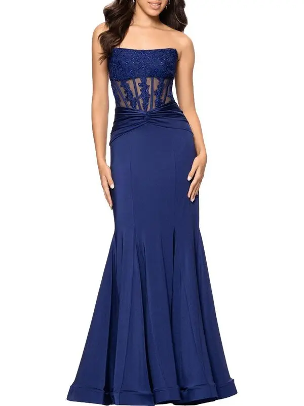 BLONDIE NITES Sequin Strapless Trumpet Gown - Navy
