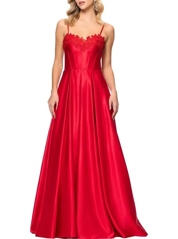 BLONDIE NITES Floral Appliqué Lace-up Satin Ballgown - Red