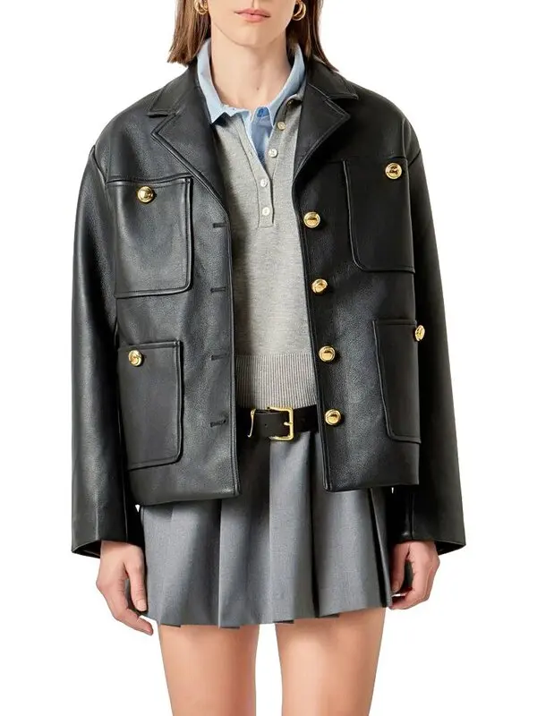 English Factory Drop Shoulder Faux Leather Jacket - Black