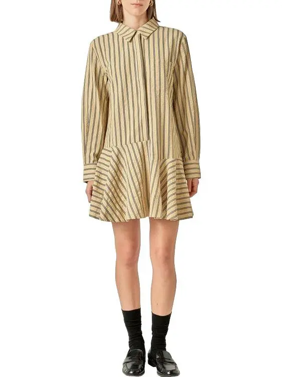 English Factory Texture Collar Long Sleeve Mini Shirtdress - Tan/black