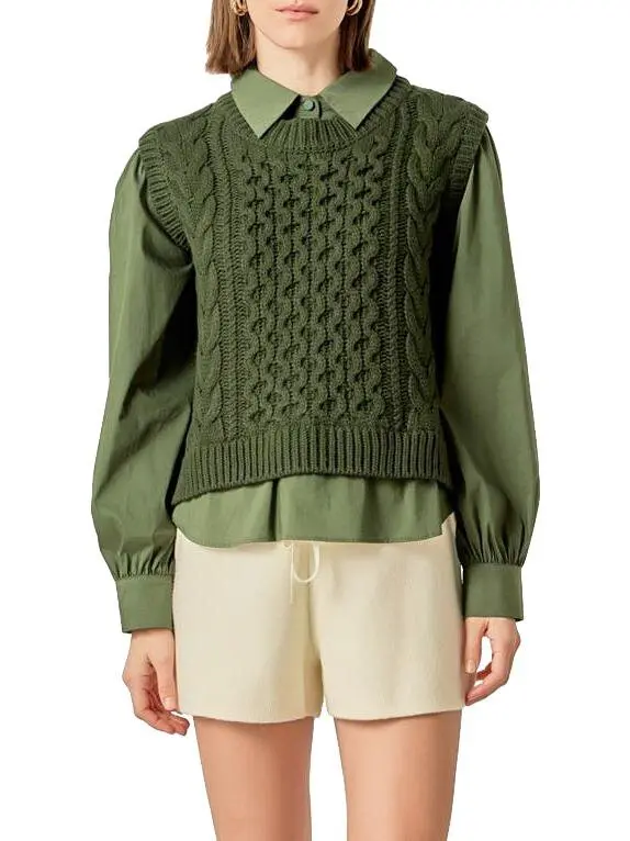 English Factory Mixed Media Cable Stitch Sweater - Olive