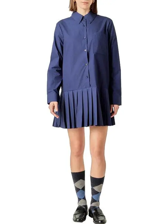 English Factory Pleated Long Sleeve Shirtdress - Navy