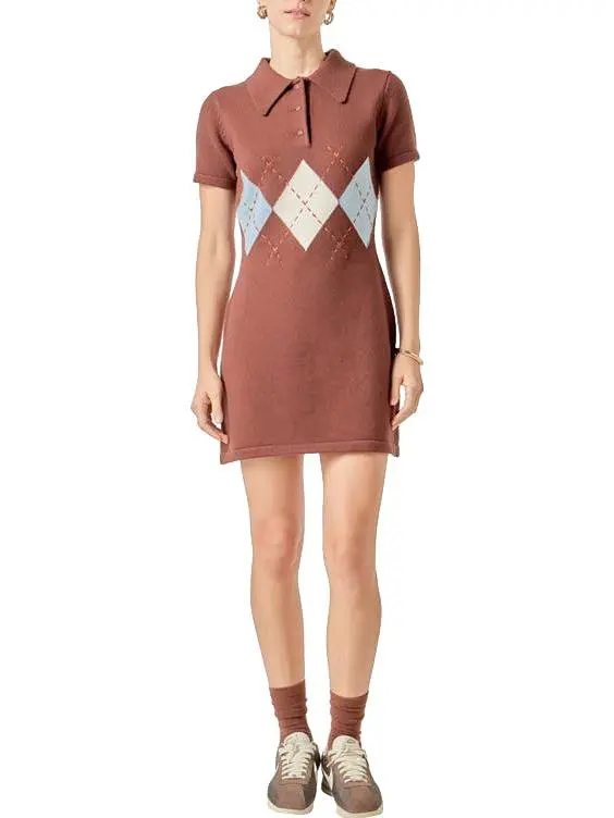 English Factory Argyle Knit Polo Mini Dress - Brown Multi