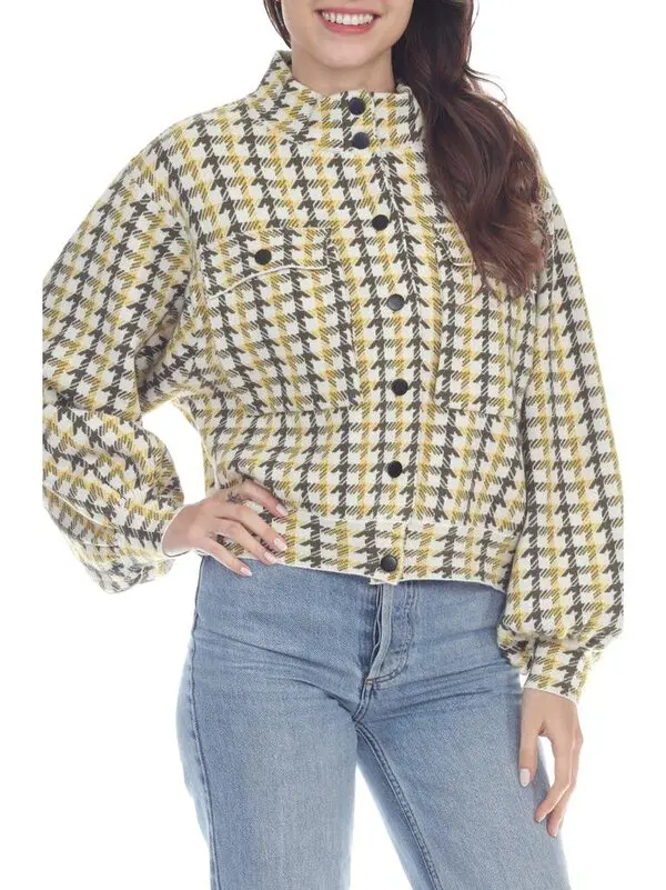 RAIN AND ROSE Houndstooth Check Knit Crop Jacket - Mustard