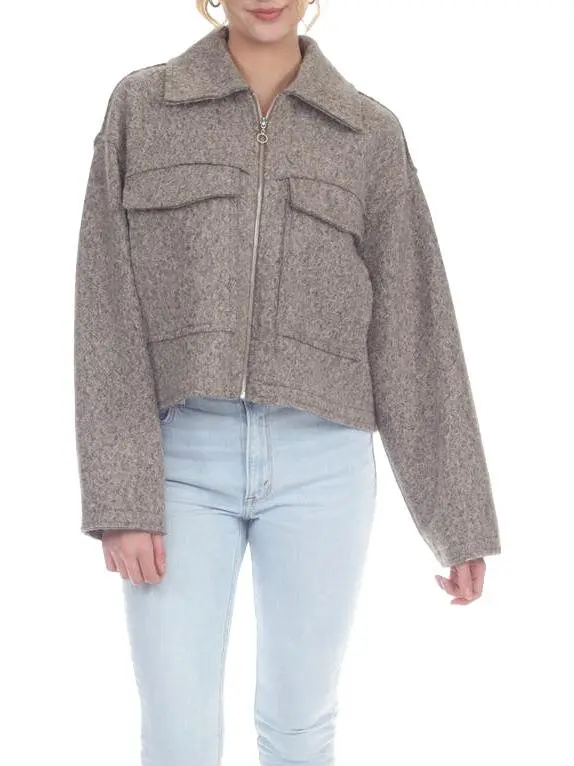 RAIN AND ROSE Faux Shearling Crop Utility Jacket - Beige
