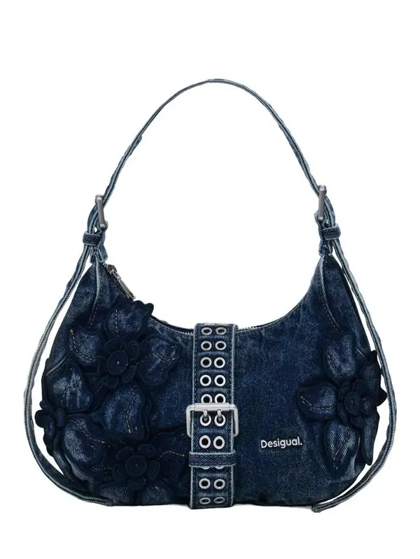 Desigual Floral Appliqué Denim Shoulder Bag - Blue