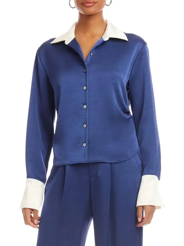 Fifteen Twenty Contrast Trim Satin Button-up Shirt - Deep Blue