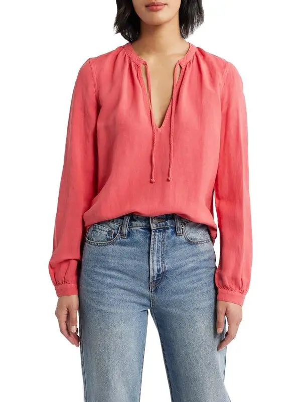 CLOTH & STONE Shirred Linen Blend Tie-neck Top - Rhubarb