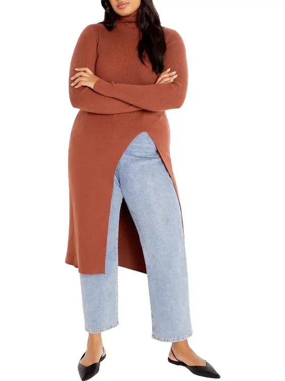 City Chic Longline Turtleneck Sweater - Toffee