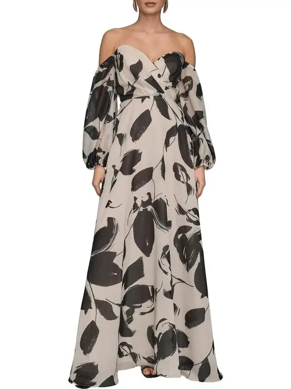 Donna Karan New York Floral Off The Shoulder Long Sleeve Gown - Black/vellum