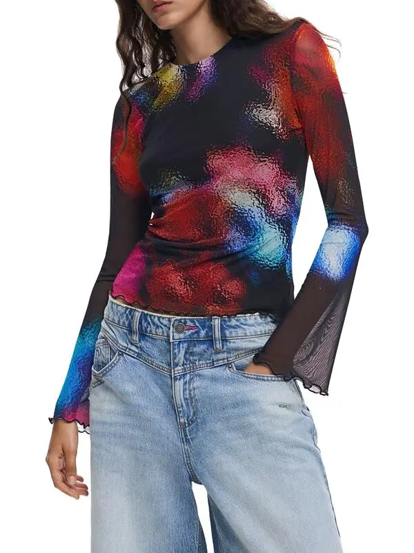 Desigual Long Sleeve Mesh Top - Black