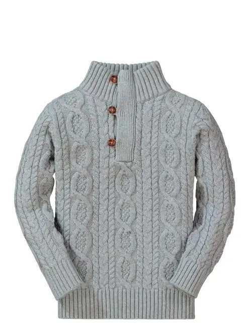 HOPE & HENRY Organic Cable Knit Sweater With Faux Leather Buttons - Gray Heather