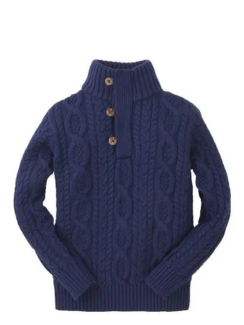 HOPE & HENRY Organic Cable Knit Sweater With Faux Leather Buttons - Navy