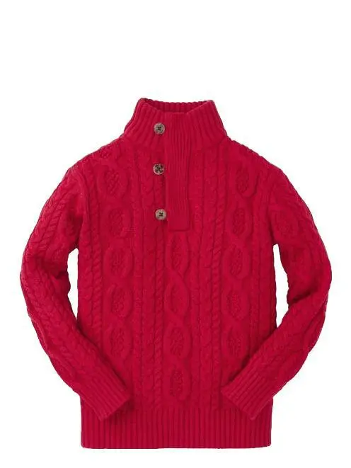 HOPE & HENRY Organic Cable Knit Sweater With Faux Leather Buttons - Red