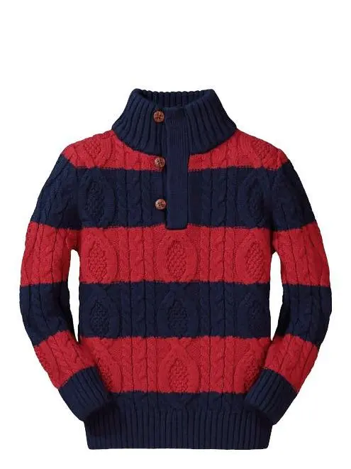 HOPE & HENRY Organic Cable Knit Sweater With Faux Leather Buttons - Wide Red And Navy Stripe