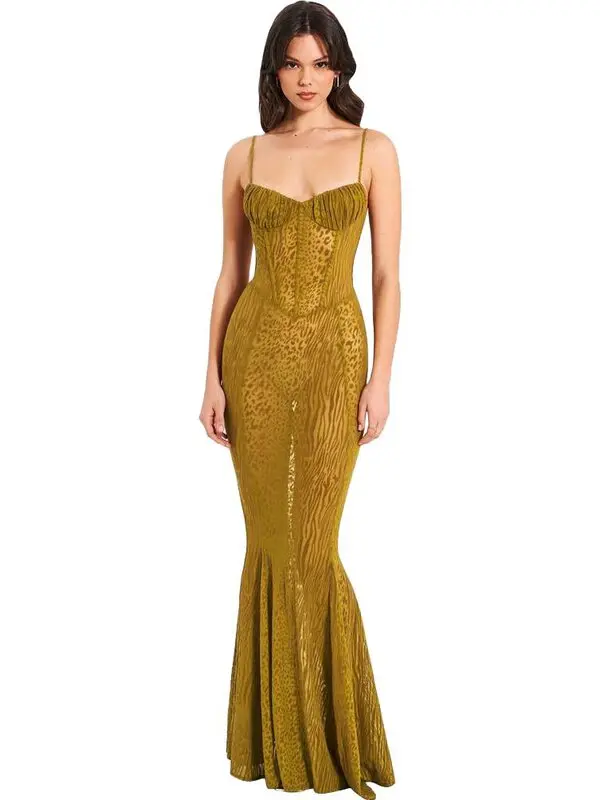 MISS CIRCLE Burnout Velvet Detail Mesh Maxi Mermaid Dress - Gold
