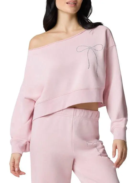 FLORENCE BY MILLS Crystal Bow Off The Shoulder Crop Sweatshirt - Ballet Slipper