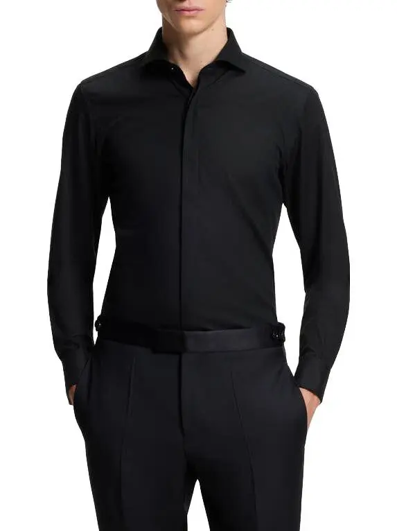 BOSS Hank Slim Fit Wrinkle Resistant Cotton Tuxedo Shirt - Black