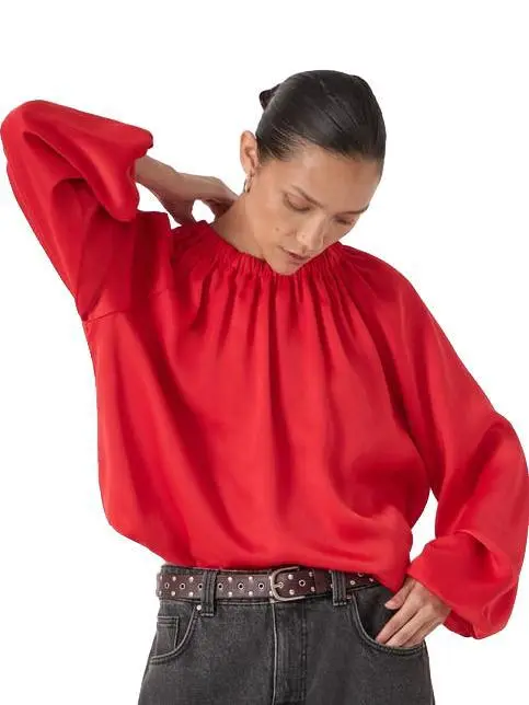 HUSH Satin Bubble Hem Blouse - Fiery Red