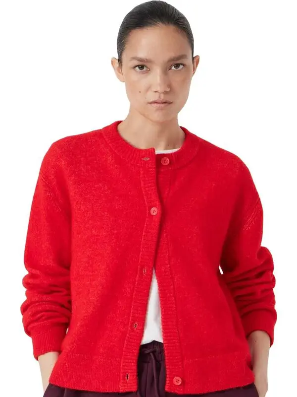 HUSH Crew Neck Boxy Wool Blend Cardigan - Fiery Red