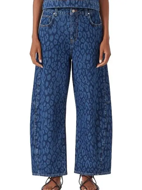 HUSH Bree Horseshoe Barrel Leg Jeans - Laser Leopard Print Mid Blue