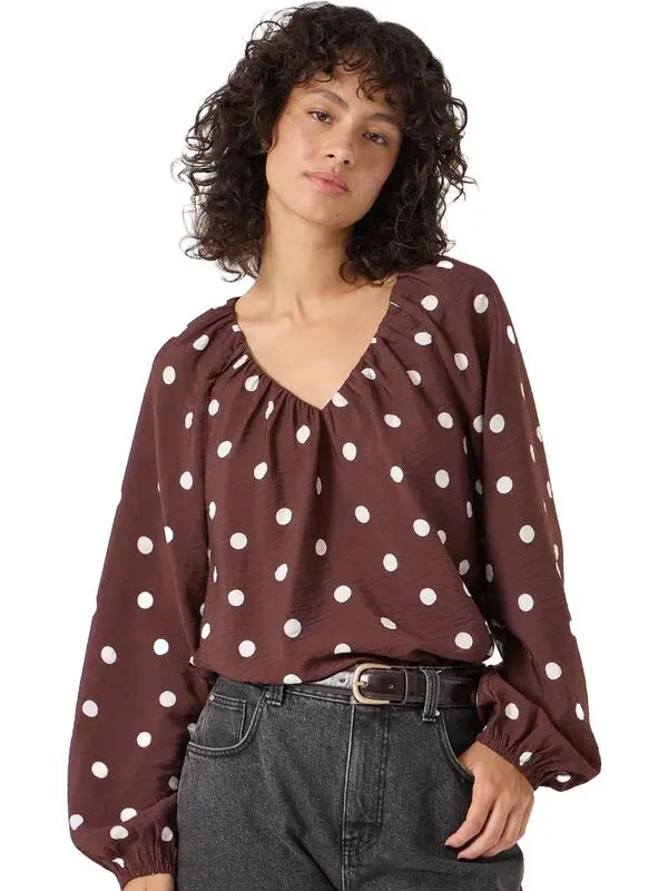 HUSH Printed Airflow V-neck Blouse - Polka Dot Brown