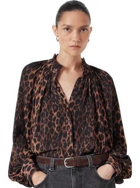 HUSH Fleur Floaty Chiffon Blouse - Natural Leopard Brown