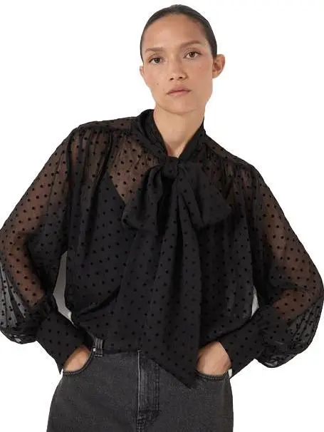 HUSH Tie Neck Flocked Spot Blouse - Black