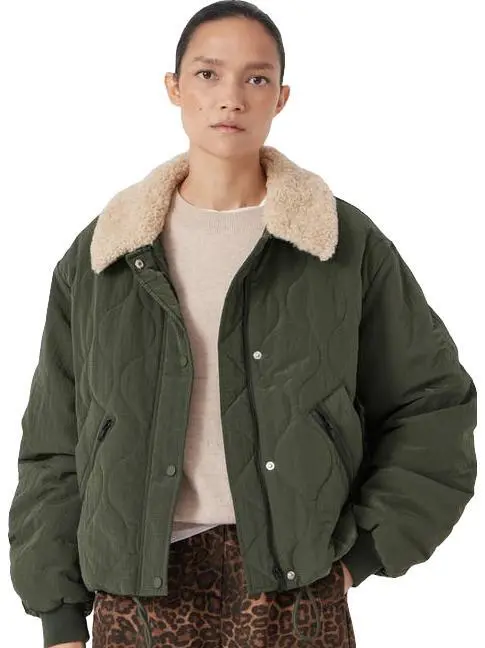 HUSH Teddy Collar Quilted Bomber - Grey Green