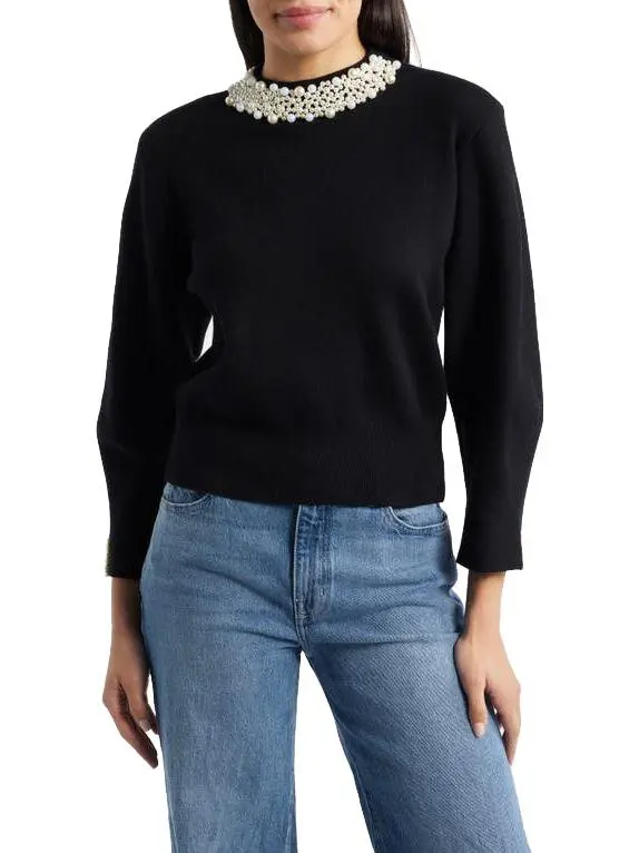 NIKKI LUND Beaded Collar Cotton-blend Sweater - Black