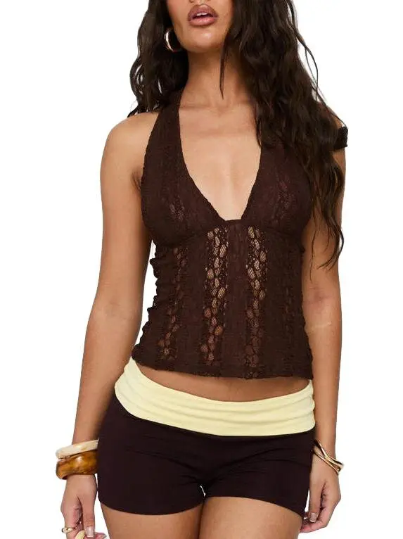 Princess Polly Cruizer Lace Halter Top - Chocolate