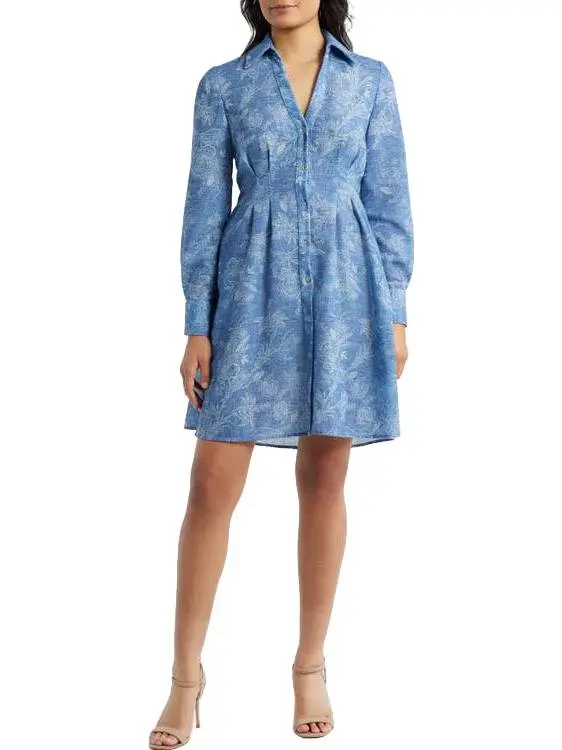 Julia Jordan Floral Pleated Waist Shirtdress - Blue