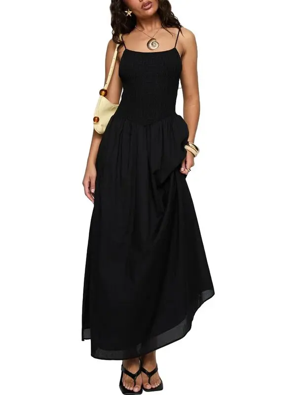Princess Polly Carys Smock Bodice Cotton Maxi Dress - Black