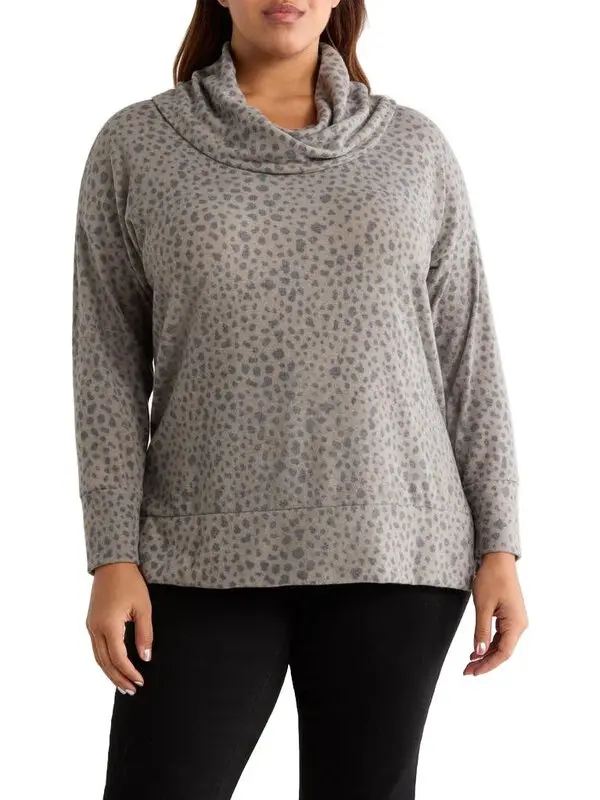 Loveappella Animal Spot Hacci Knit Cowl Neck Tunic - Olive/charcoal