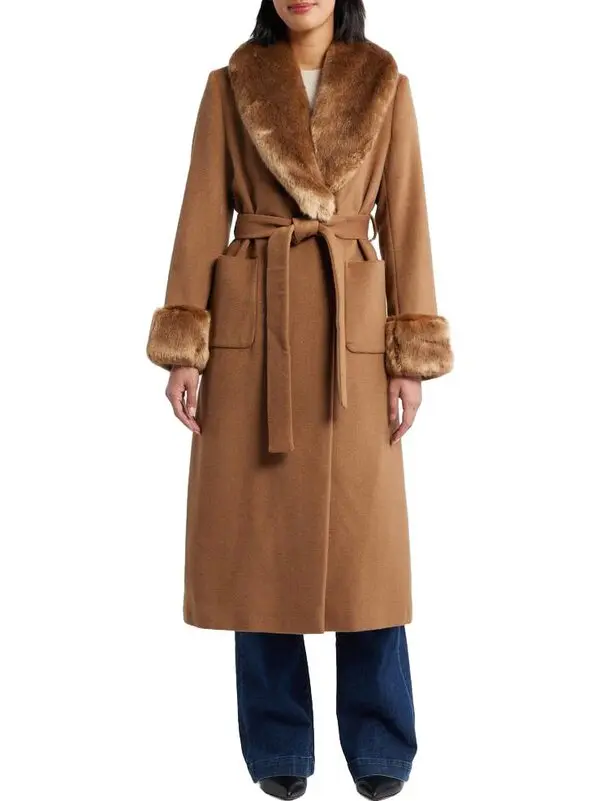 Via Spiga Wool-blend Wrap Coat With Faux Fur Trim - Vicuna