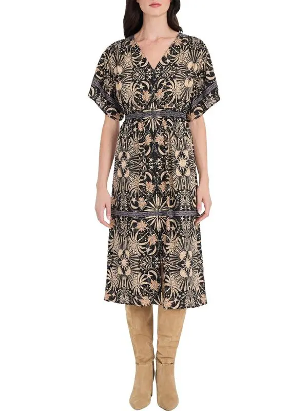 THE GOOD JOURNEY Floral Print Linen Blend Midi Dress - Black/tan