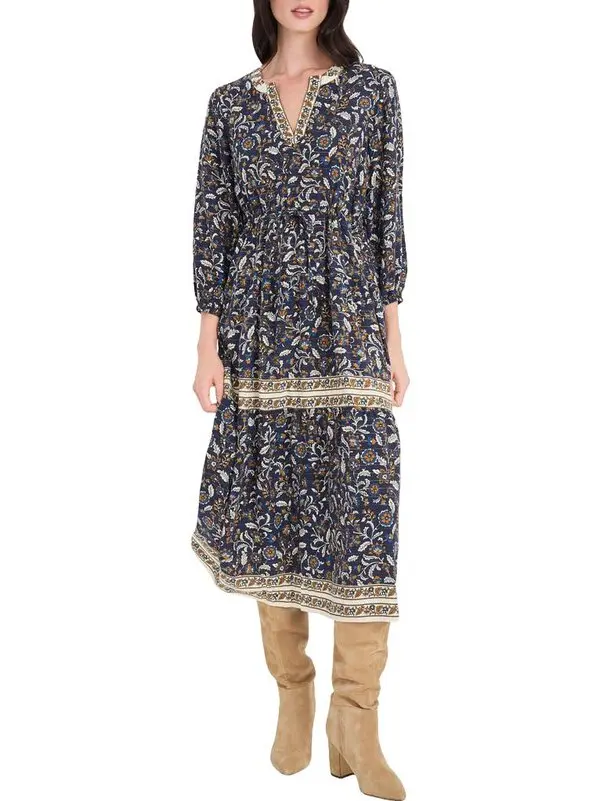 THE GOOD JOURNEY Floral Print Long Sleeve Shift Dress - Navy/slate