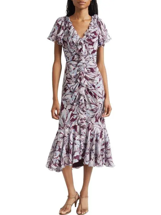 Cinq À Sept Clio Floral Ruffled Midi Dress - Deep Plum Multi