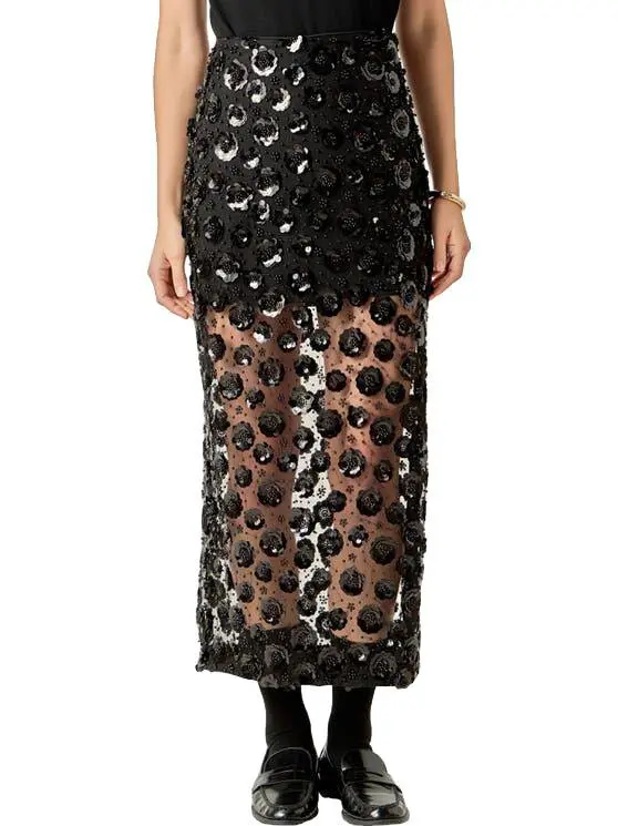 English Factory Flower Sequin Maxi Skirt - Black