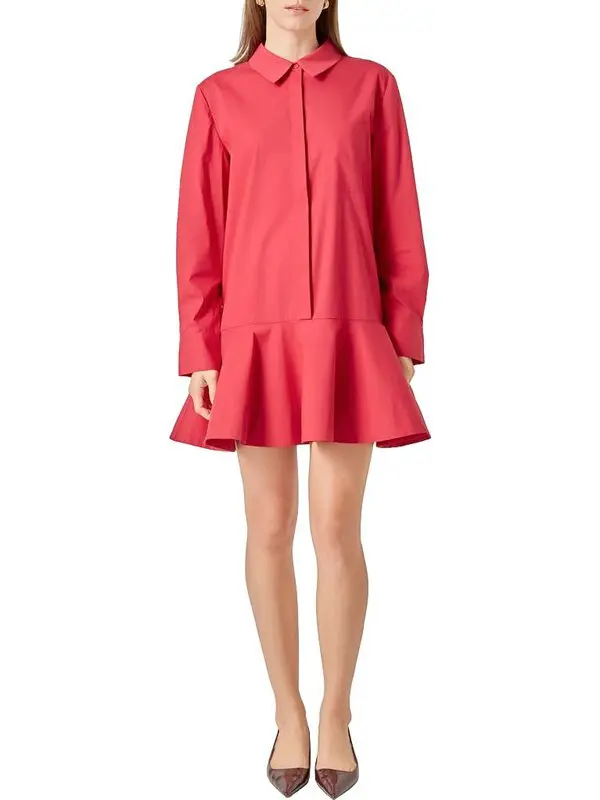 English Factory Ruffle Hem Mini Shirtdress - Red