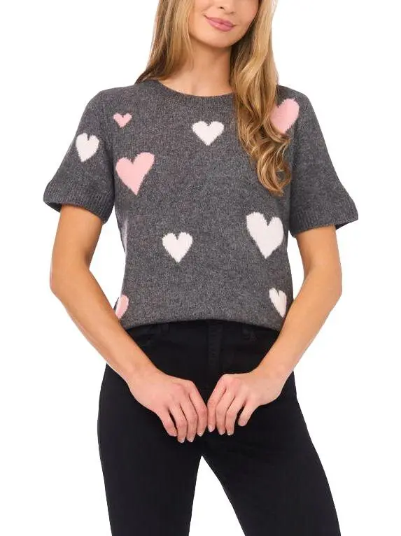 CECE DUPRAZ Heart Short Sleeve Crewneck Sweater - Heather Grey