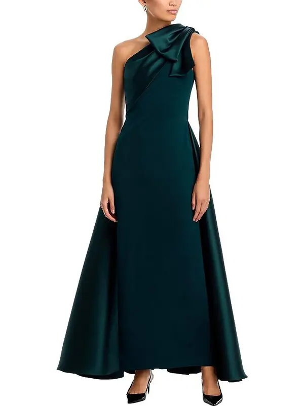 Aqua Mikado One Shoulder Fit And Flare Gown - Green